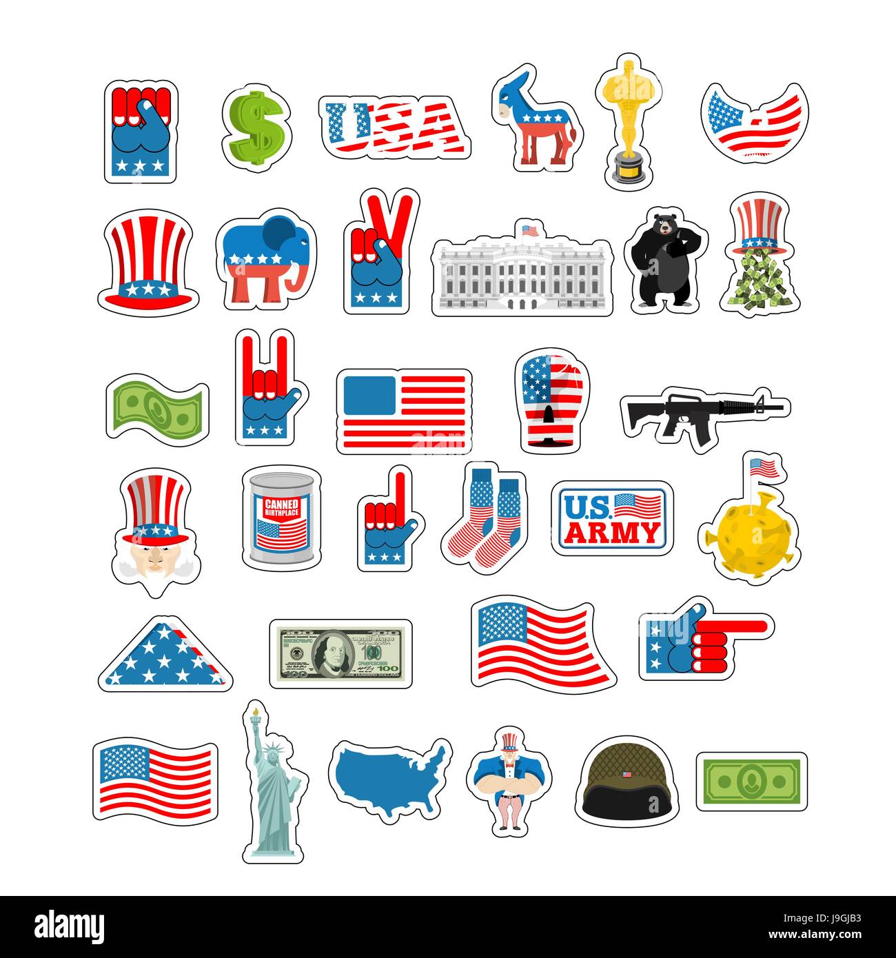 USA Sticker set. National sign of America. American flag and Statue of ...