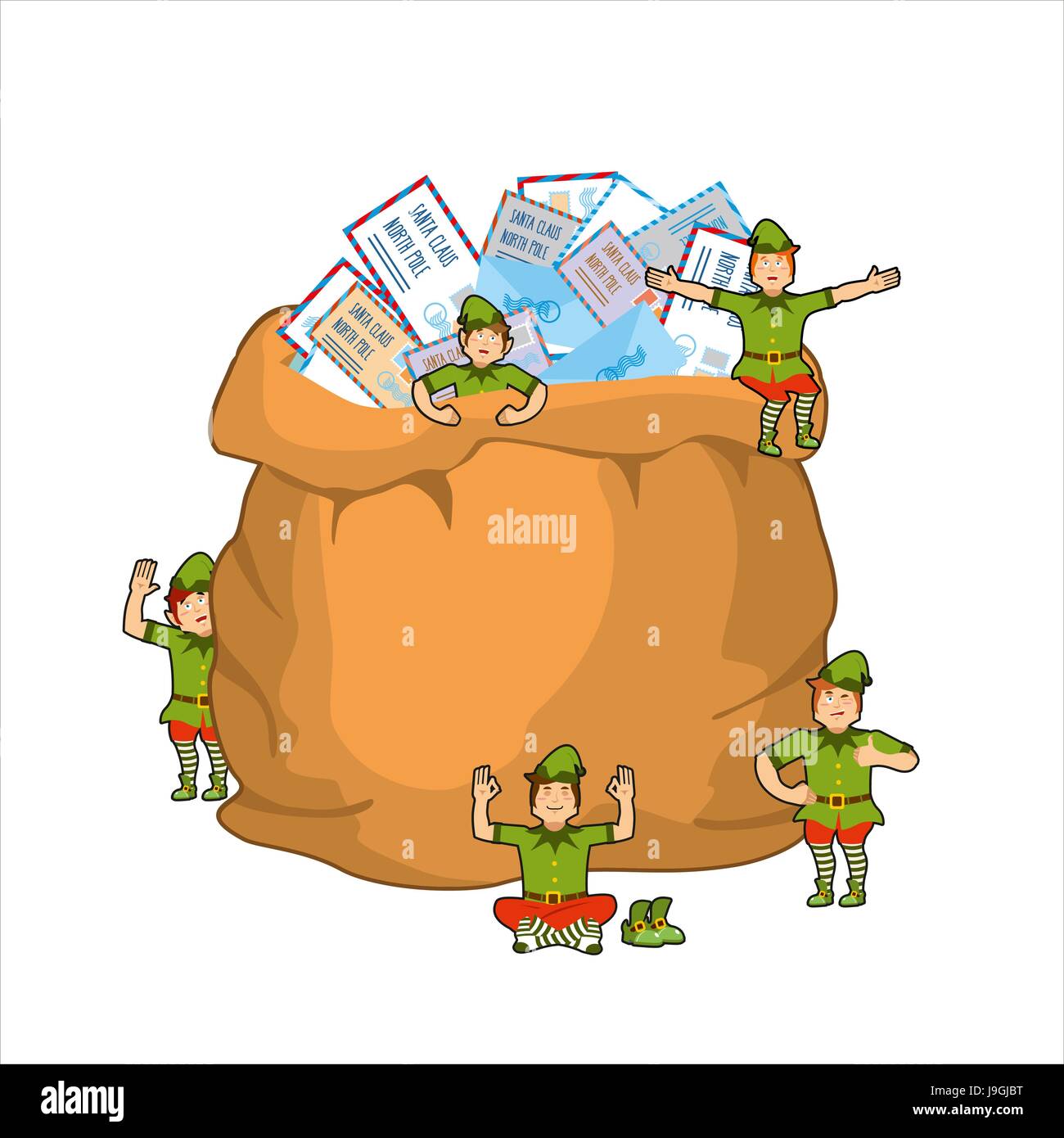 Sack mail post to Santa Claus and elves. Big bag with letters envelopes ...