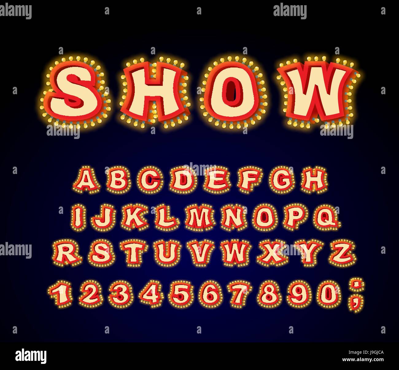 Show font. Glowing lamp letters. Retro Alphabet with lamps. Vintage ABC ...