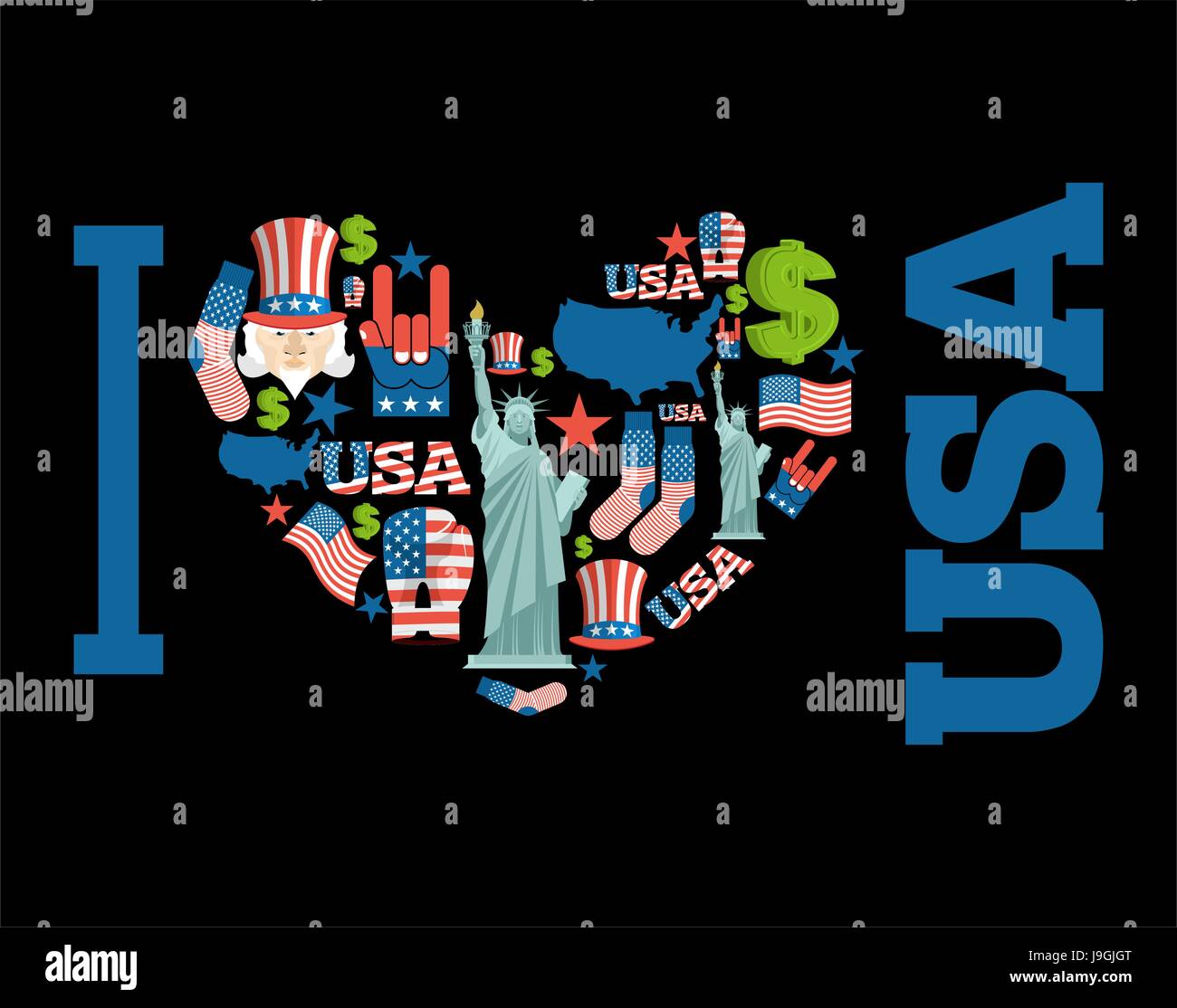 I love America. Sign heart of USA traditional folk characters. Map of ...