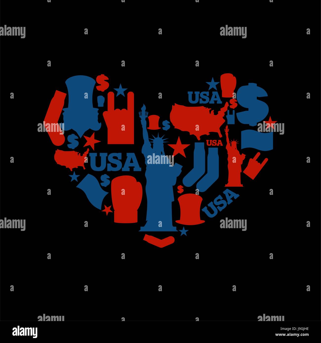 USA love. Sign heart of United States traditional folk sign. Map and ...