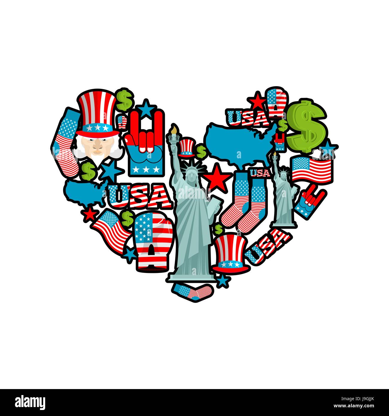 USA love. Sign heart of United States traditional folk characters. Map ...