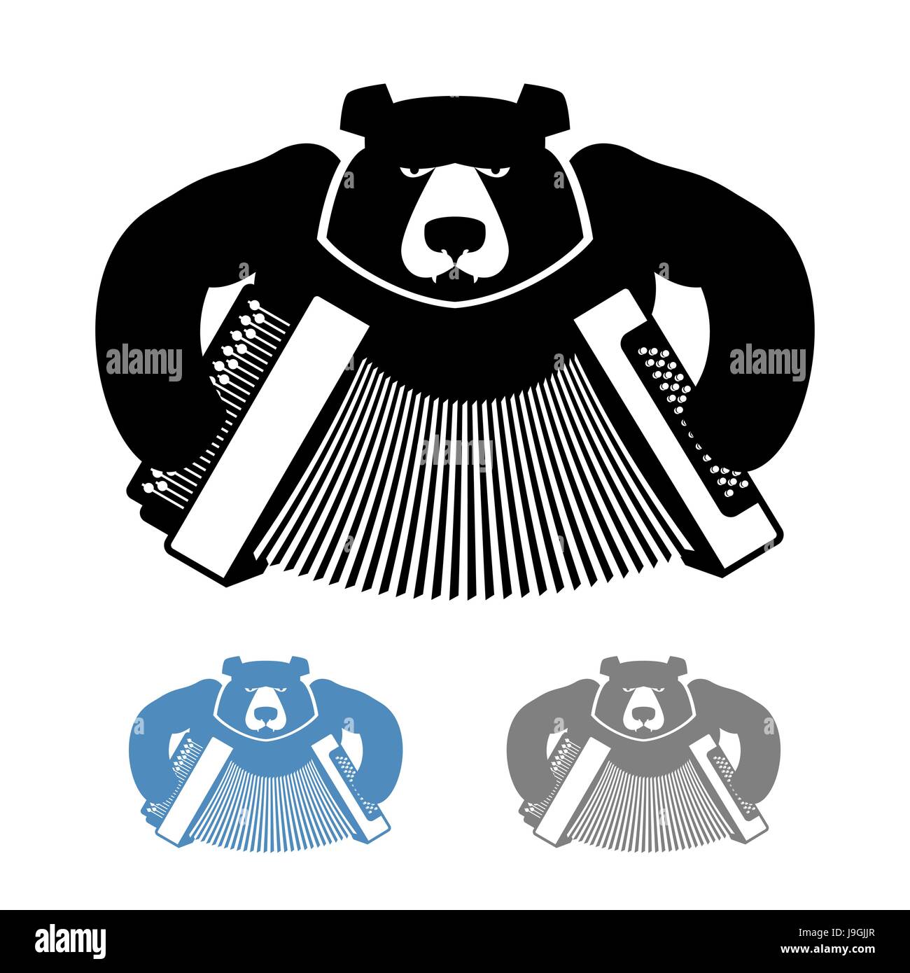 Russian bear with accordion icon flat style. Wild beast and musical ...