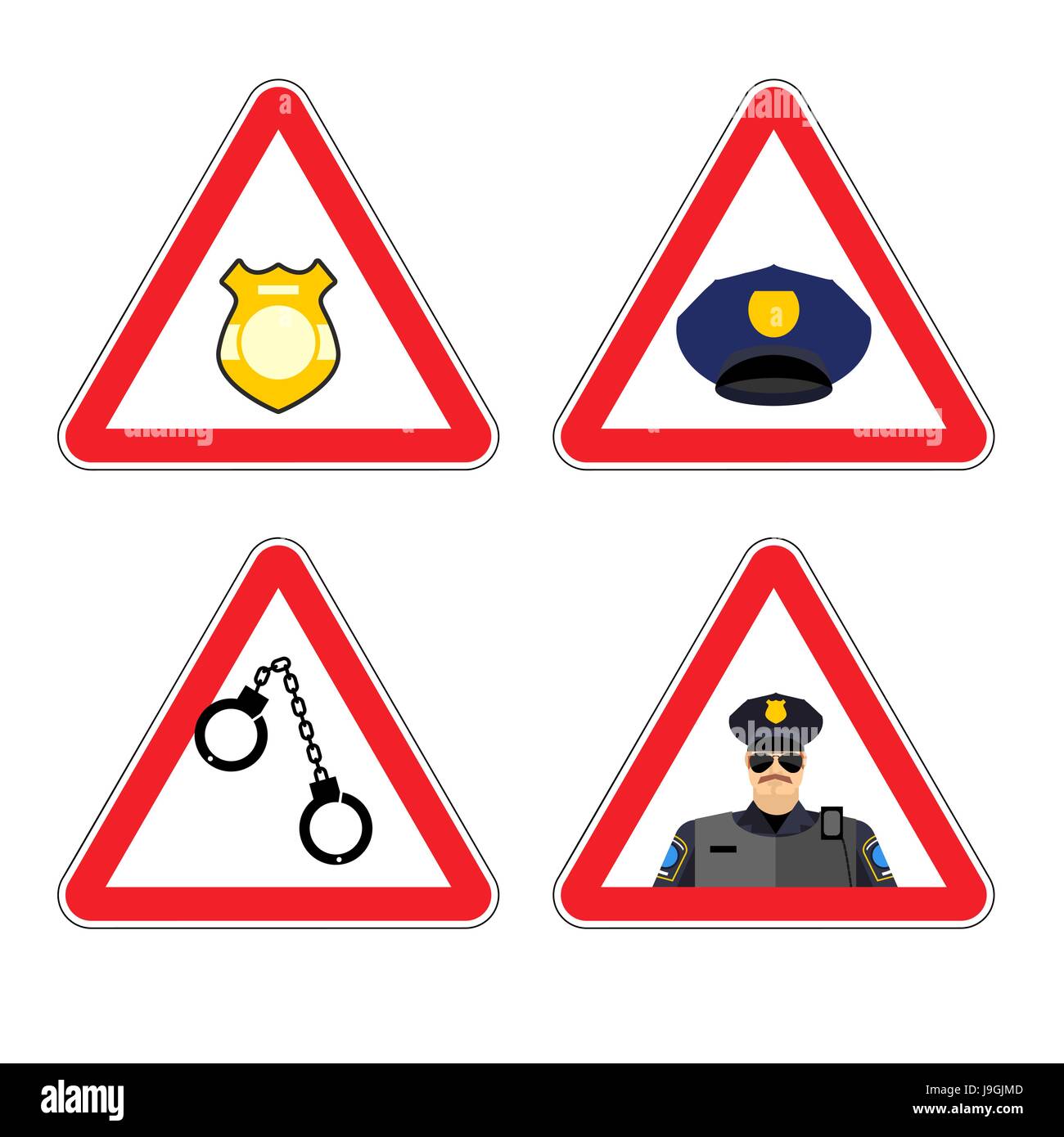 Warning sign police attention. Dangers yellow sign detention. badge and ...