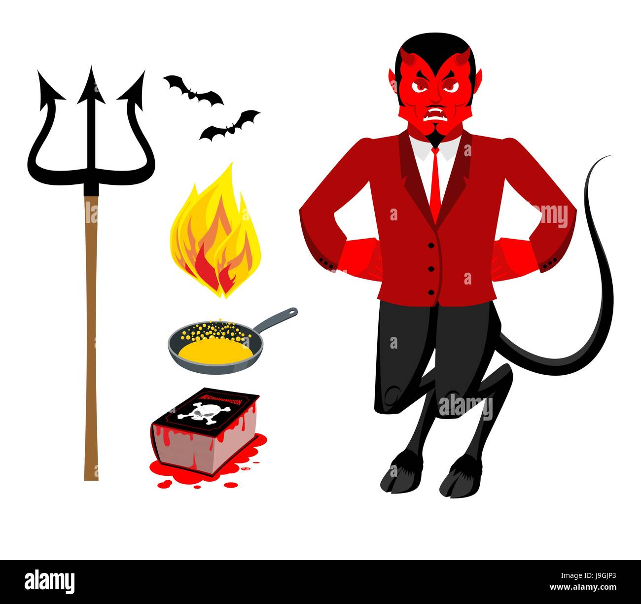 Devil and accessories. Satanic set. Trident and hellfire. Black bats ...