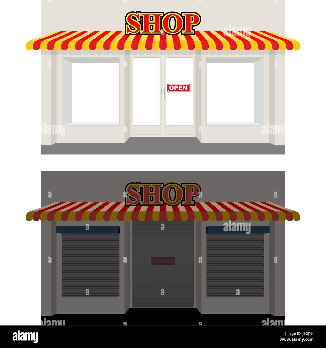 Shop by day and night. Storefront at dusk. Shop window in Sun. Shop is ...