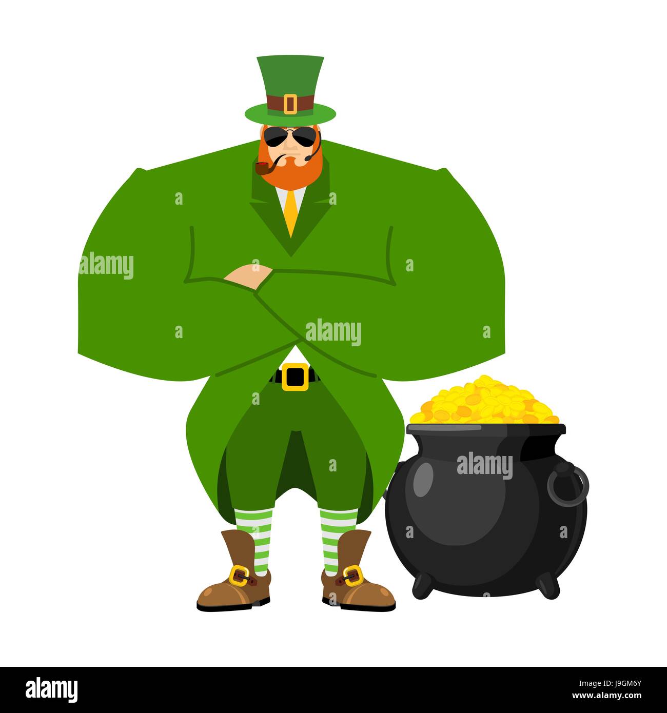Leprechaun security bodyguard. Dwarf with red beard guarding pot gold ...