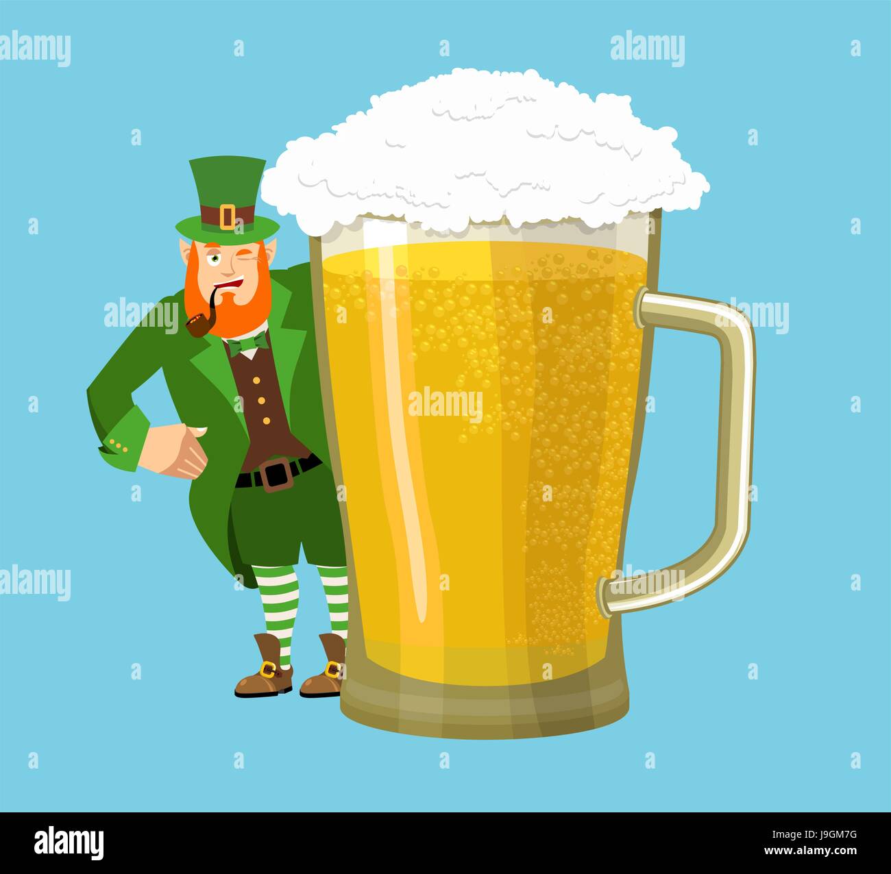 Happy St.Patrick 's Day. Leprechaun and mug beer. Dwarf with red beard ...