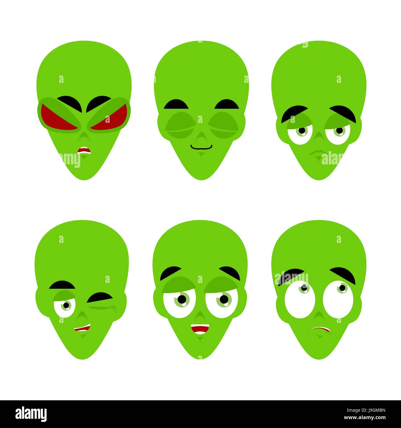 Green alien emoji. emotion set. Aggressive and good UFO face. Surprised ...