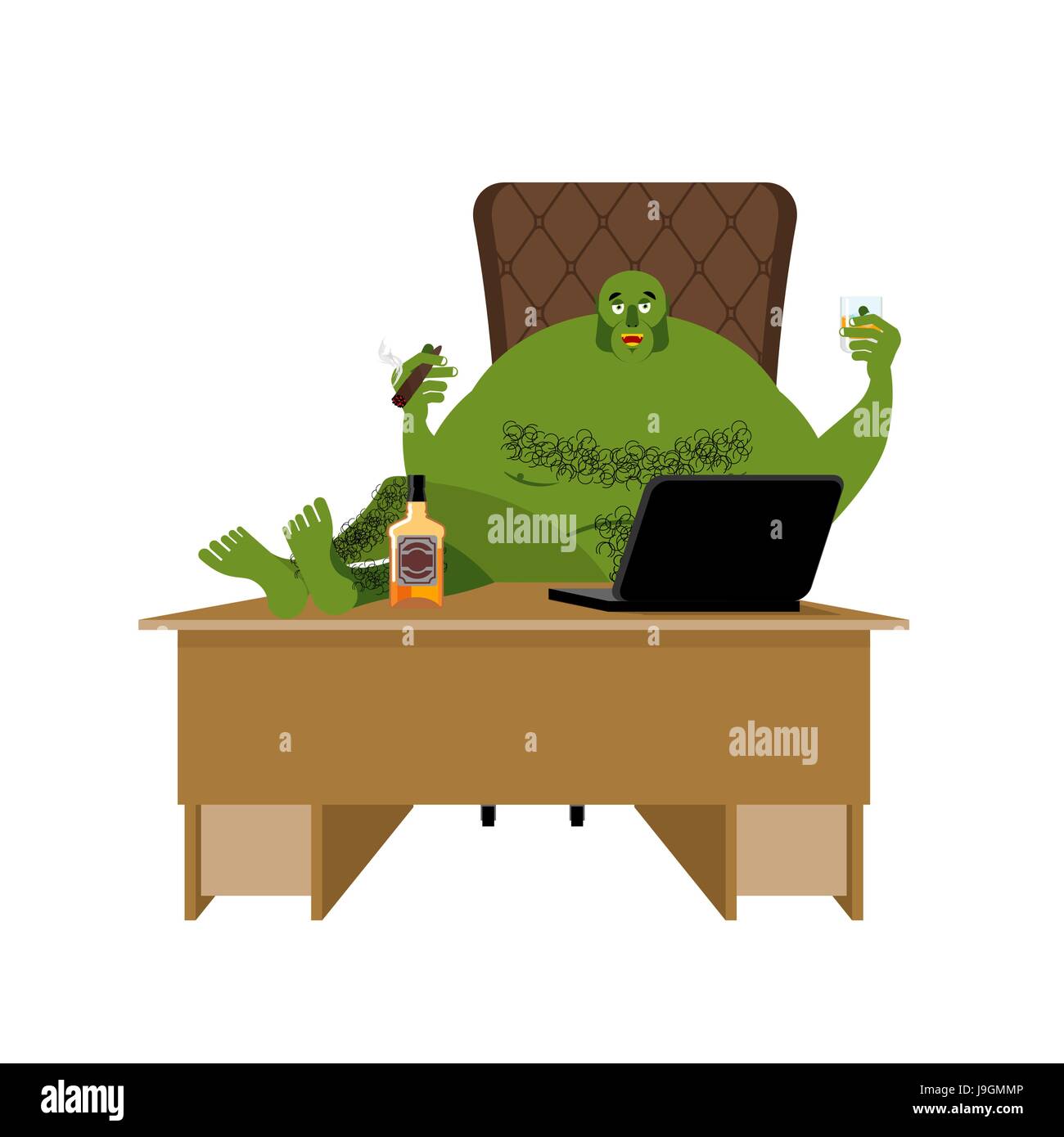 Internet troll. Big green goblin sits at laptop. Org and computer ...