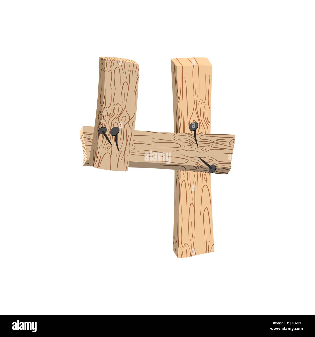 Number 4 wood board font. Four symbol plank and nails alphabet ...