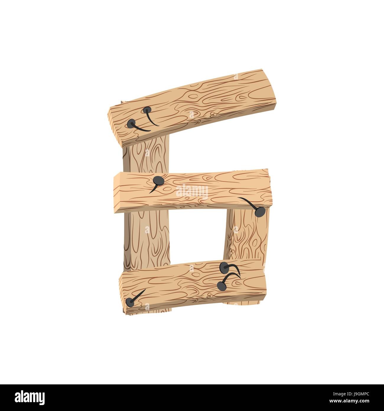 Number 6 wood board font. Six symbol plank and nails alphabet ...