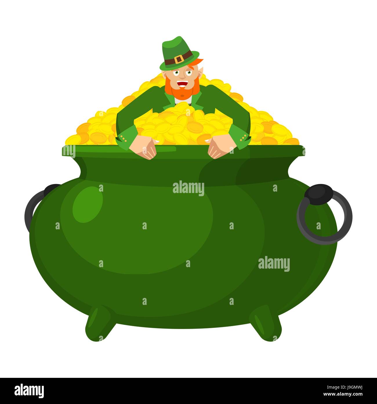 Leprechaun in pot gold. Dwarf with red beard and bowler golded coins ...