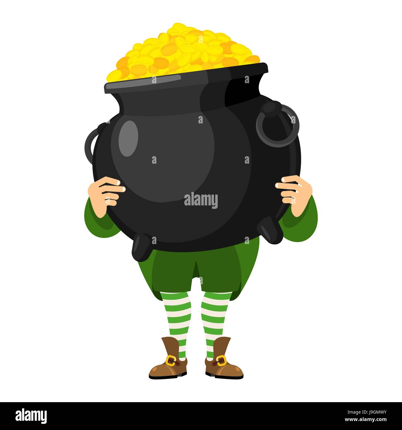 Leprechaun holding pot of gold. Dwarf with red beard and boiler of ...