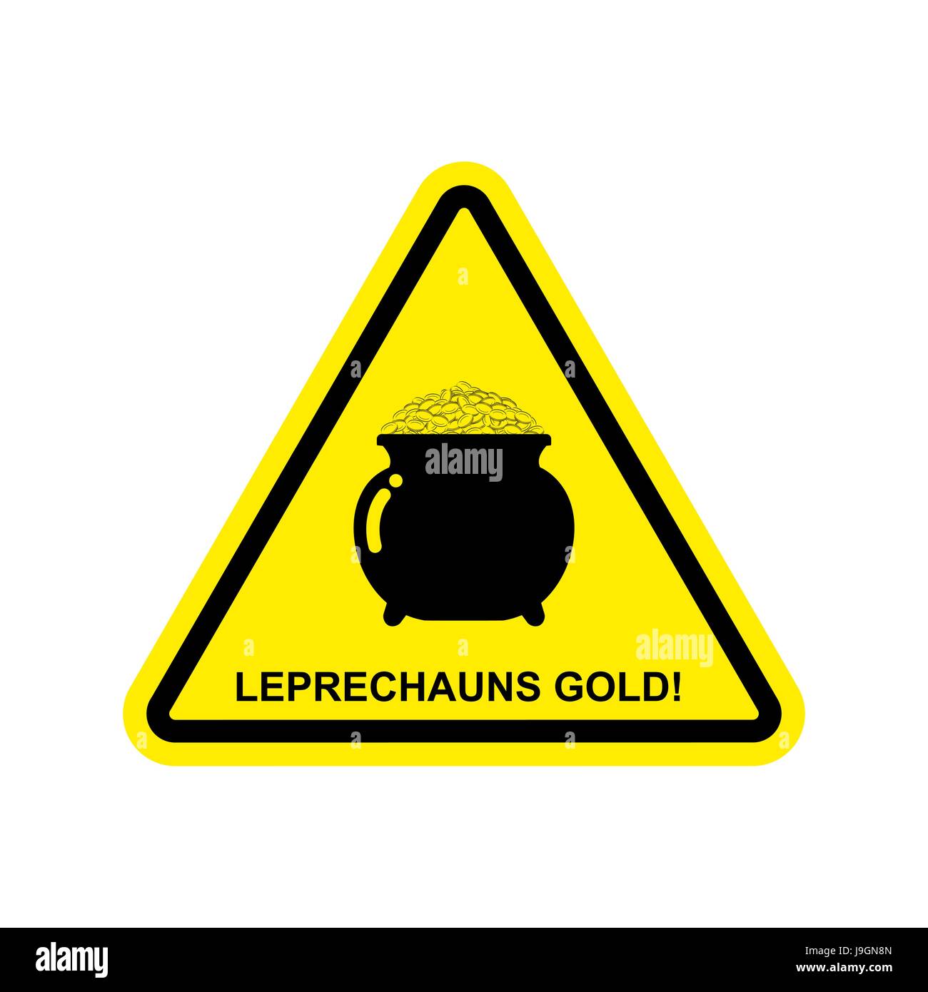 Attention leprechaun gold. Pot of golden coins on yellow triangle. Road ...
