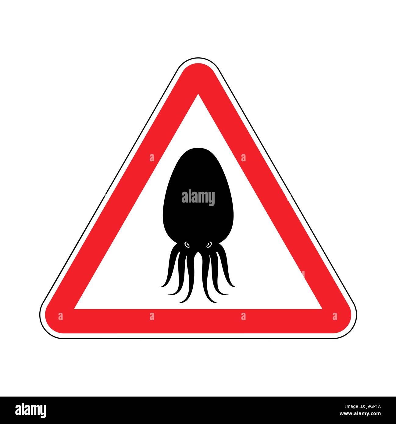 Attention cuttlefish. Octopus on red triangle. Road sign Caution ...