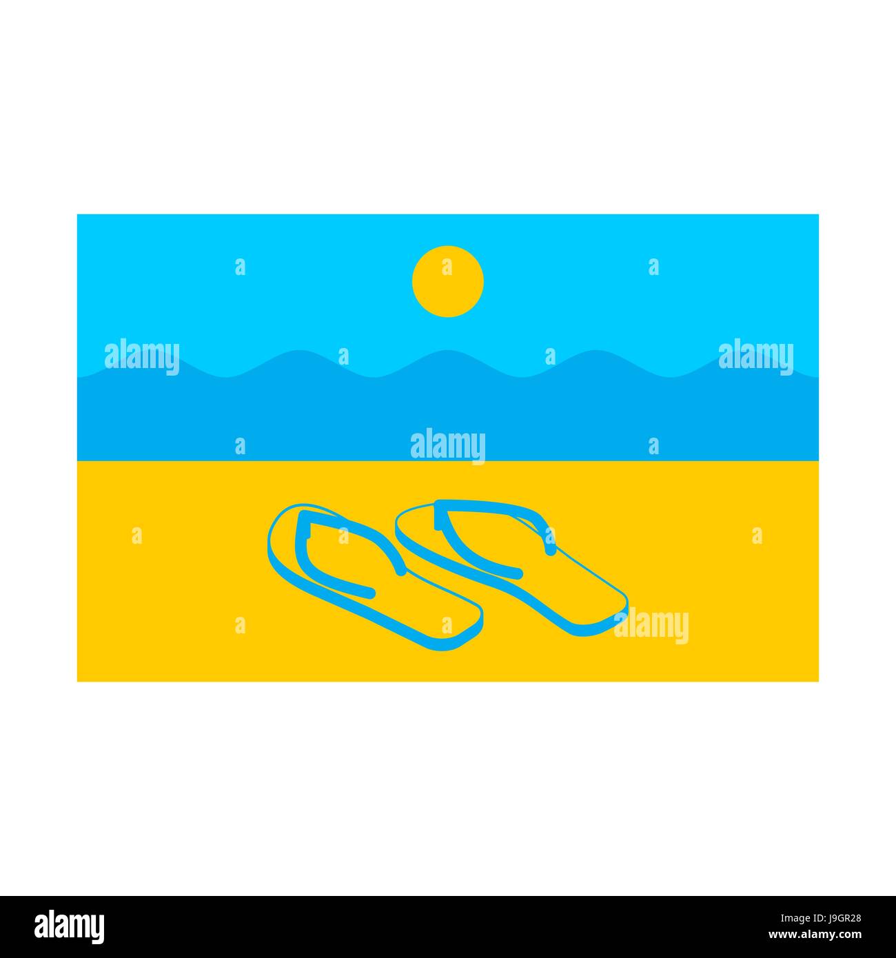 Summer flag. Symbol of solar state. Beach and slippers. Sun and waves ...