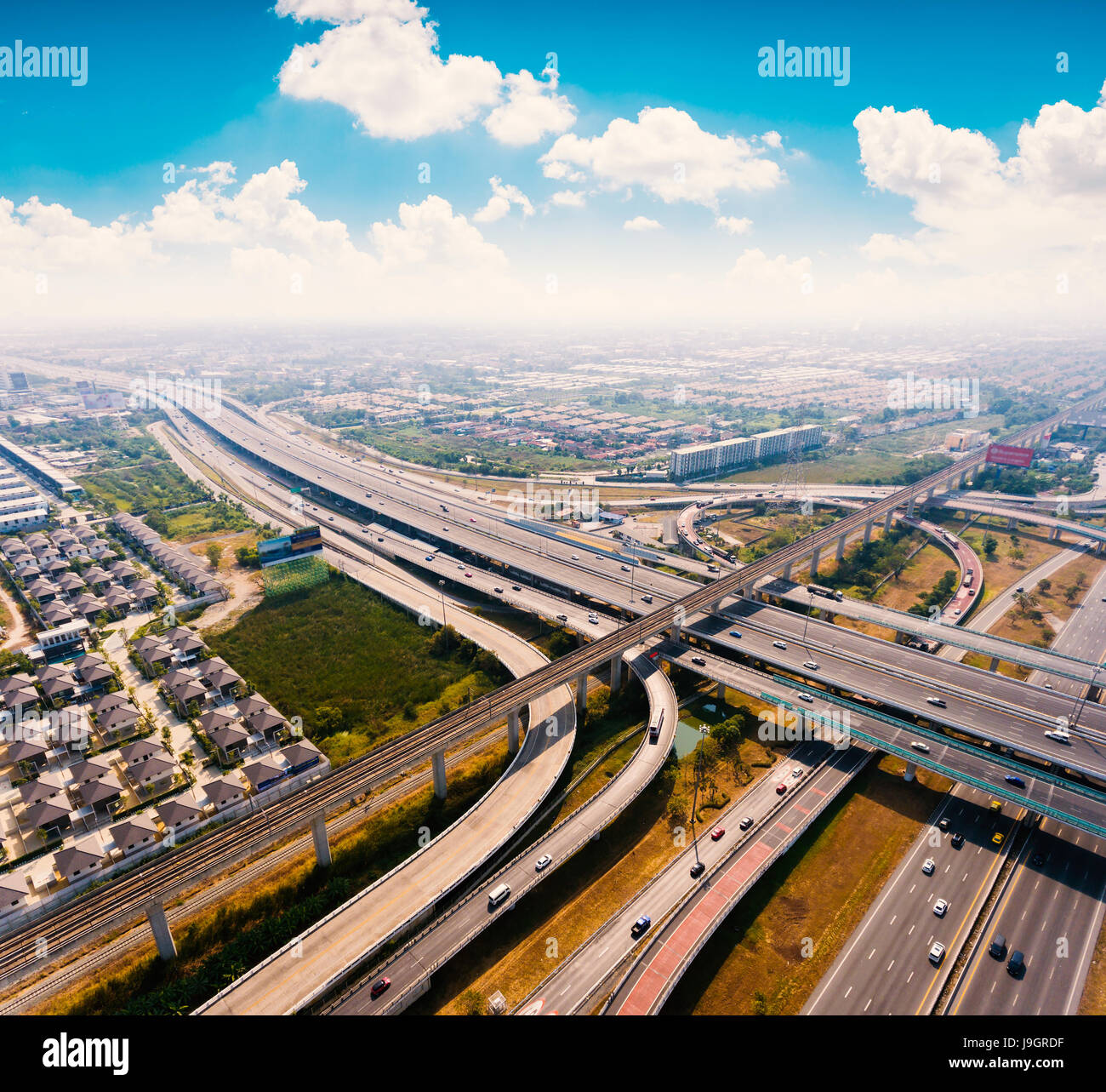 Aerial highway junction. Busy highway from aerial view. Urban highway ...