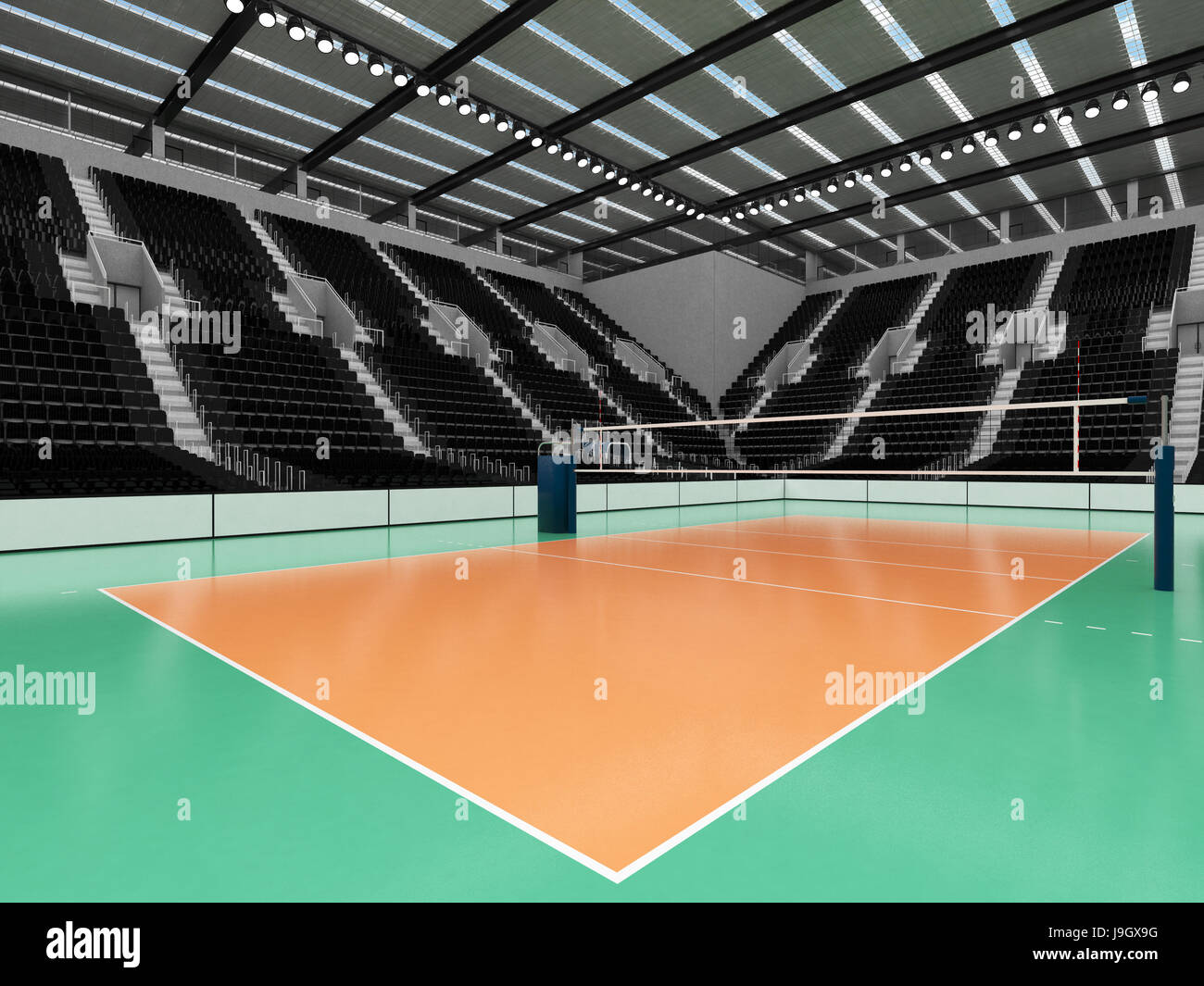 3D render of beautiful sports arena for volleyball with floodlights and ...