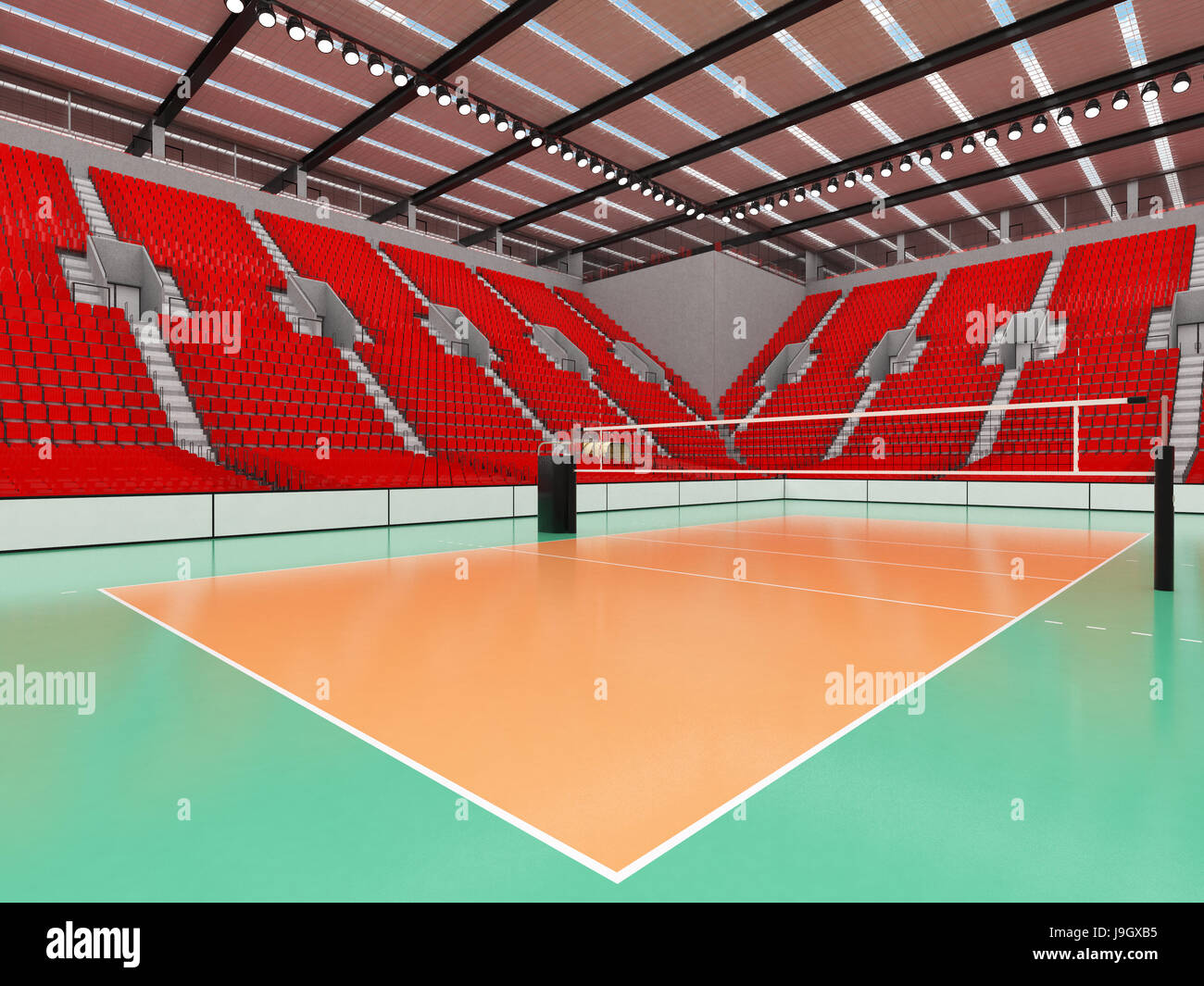 3D render of beautiful sports arena for volleyball with floodlights and ...