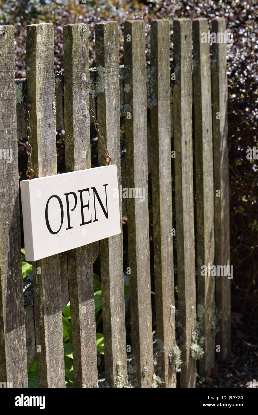Open sign on wooden garden gate Stock Photo - Alamy