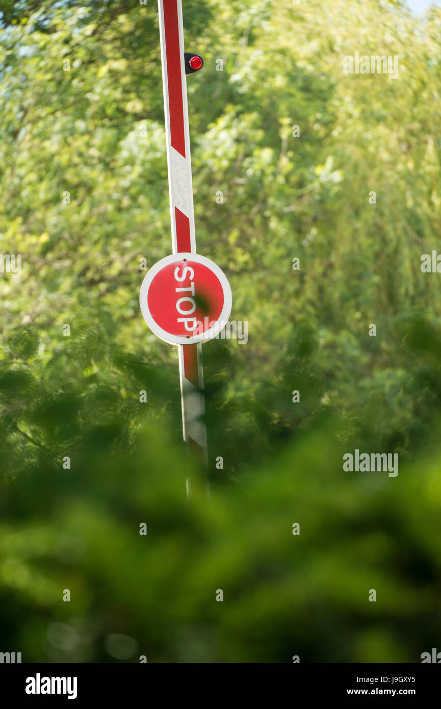 raised red and white barrier stop sign, in foreground blurred green ...