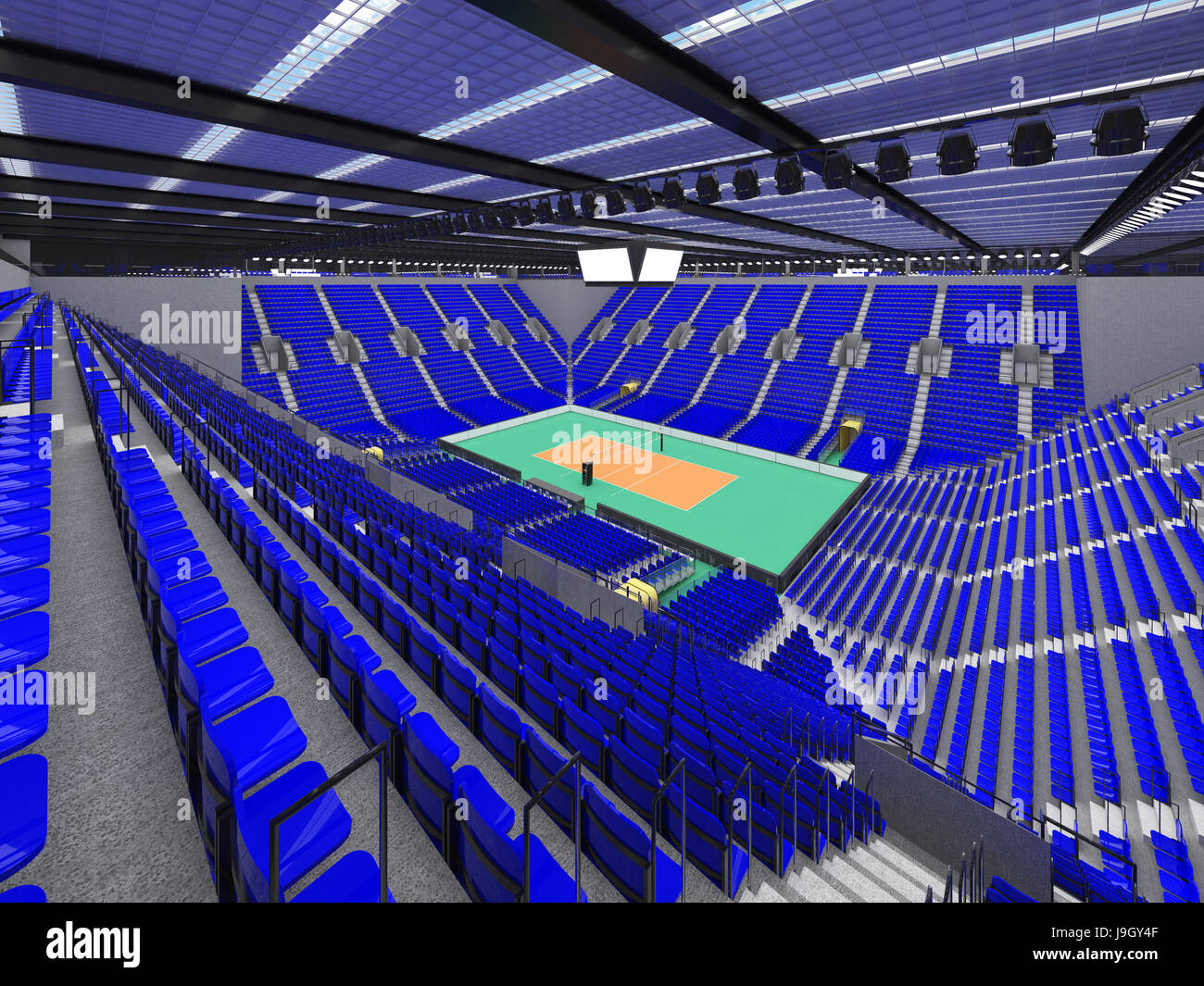 3D render of beautiful sports arena for volleyball with floodlights and ...