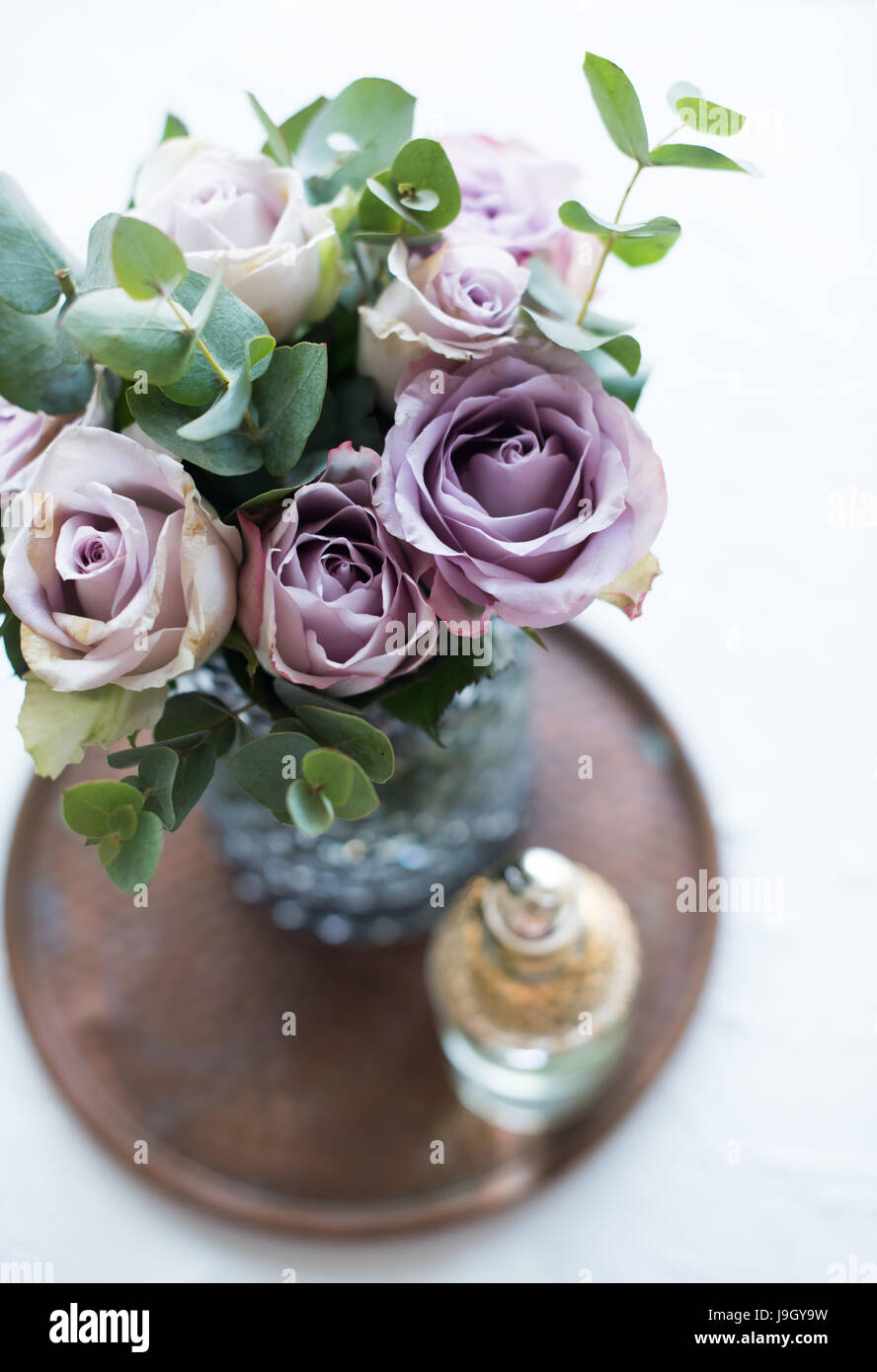 Pastel purple, mauve color fresh summer roses in vase in tray closeup ...