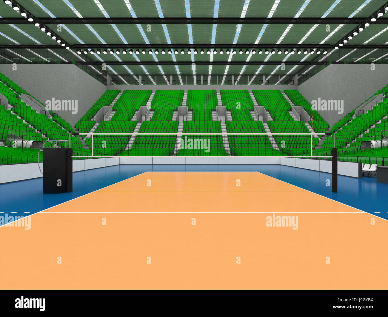 3D render of beautiful sports arena for volleyball with green seats and ...