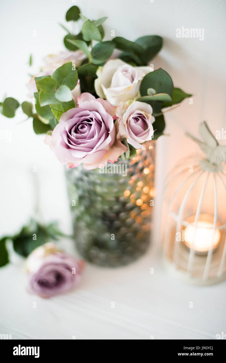 Pastel purple, mauve color fresh summer roses in vase with white wall ...
