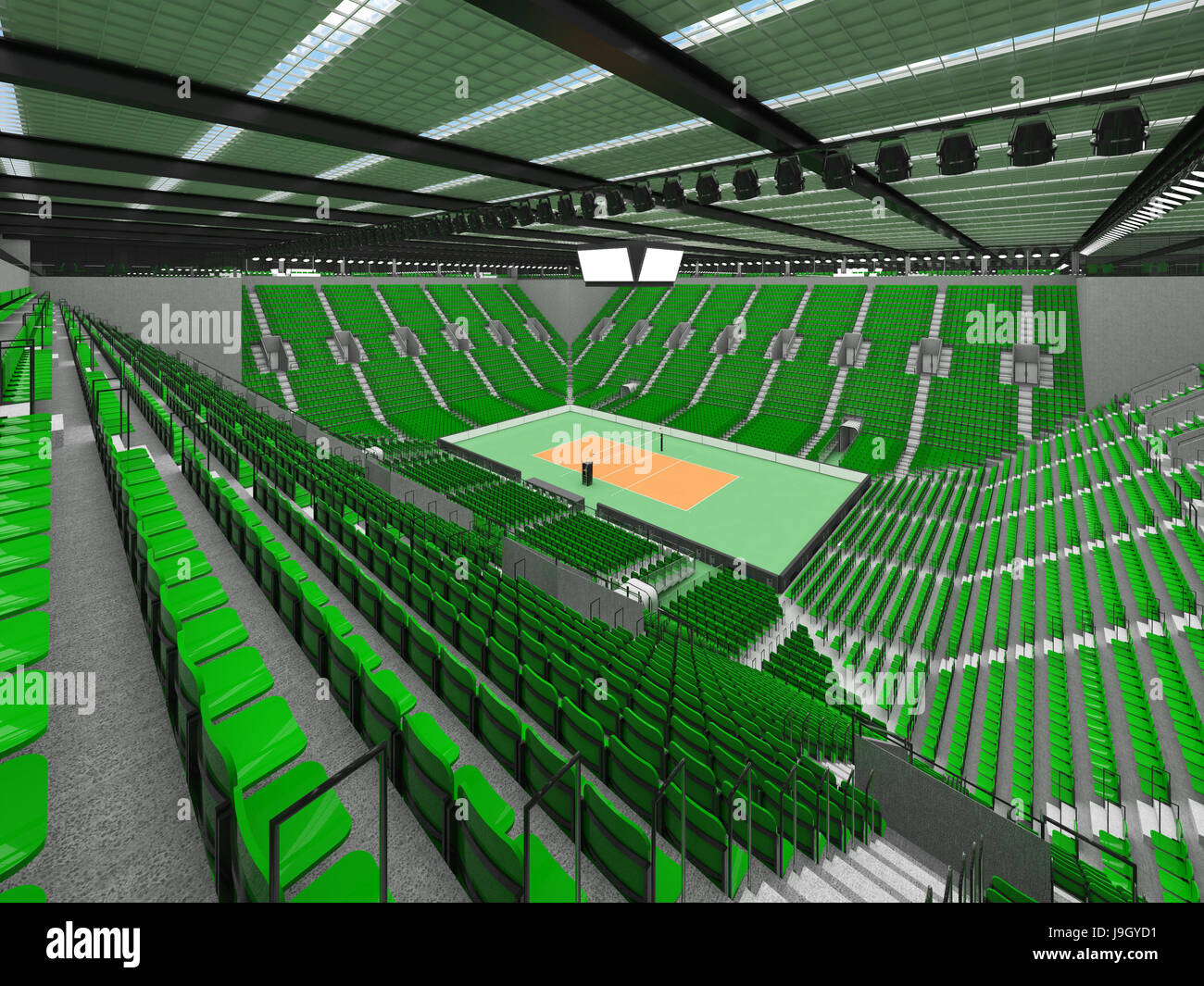 3D render of beautiful sports arena for volleyball with green seats and ...