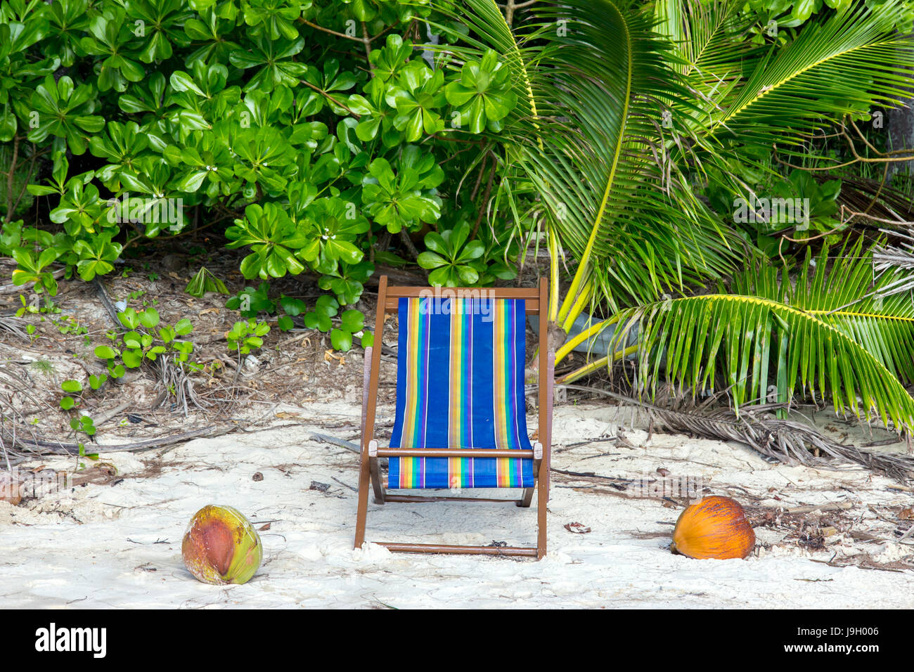 Abandoned lounger on the tropical sand beach. Empty camp bed on beach ...