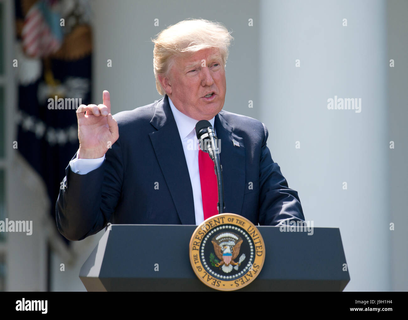 United States President Donald J. Trump makes a statement regarding the ...