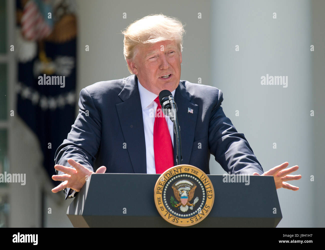 United States President Donald J. Trump makes a statement regarding the ...