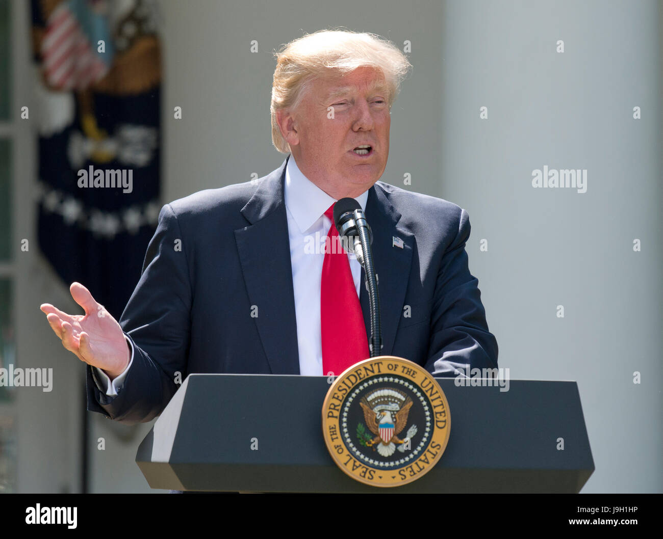 United States President Donald J. Trump makes a statement regarding the ...