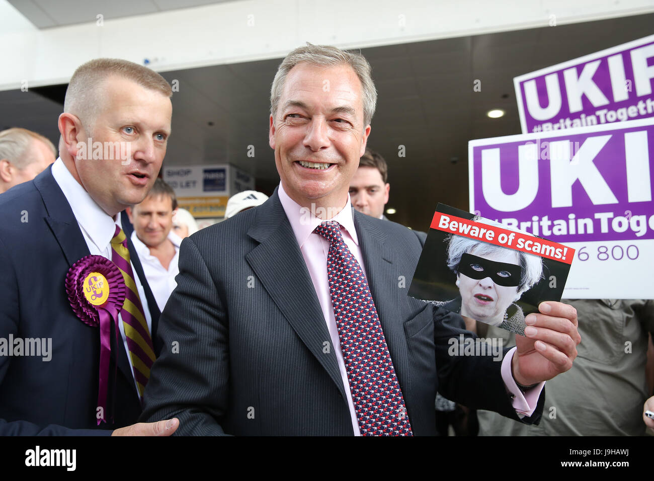 London, UK. 2nd June, 2017. Nigel Farage with the leaftlet. Former ...
