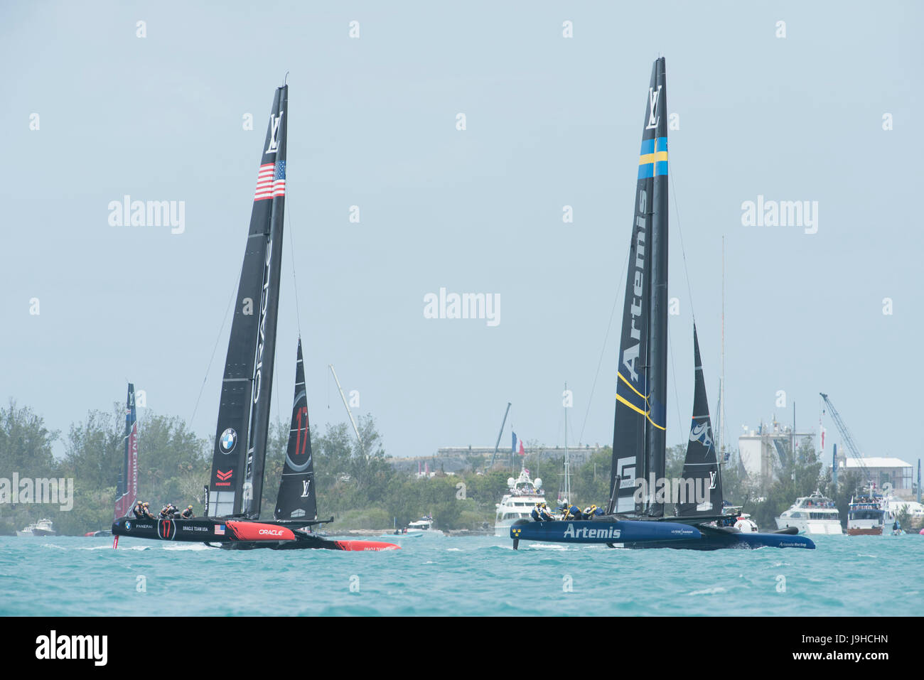 The Great Sound, Bermuda. 2nd June 2017. Oracle Team USA and Artemis ...