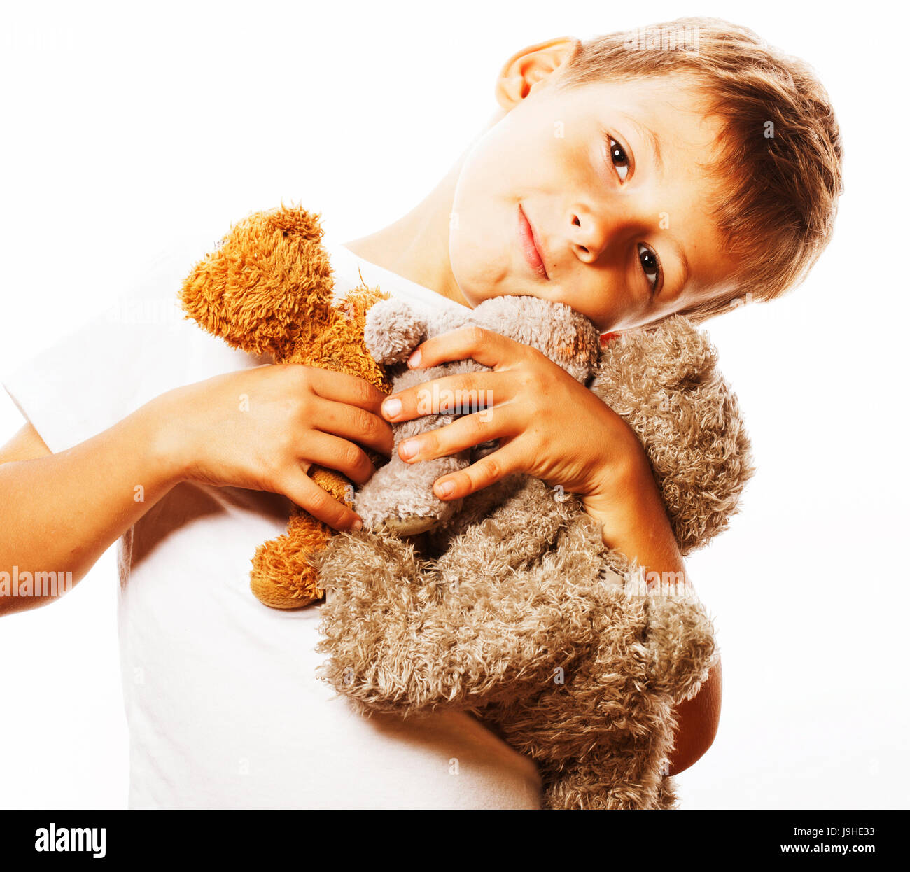 little cute boy with many teddy bears hugging isolated close up Stock ...