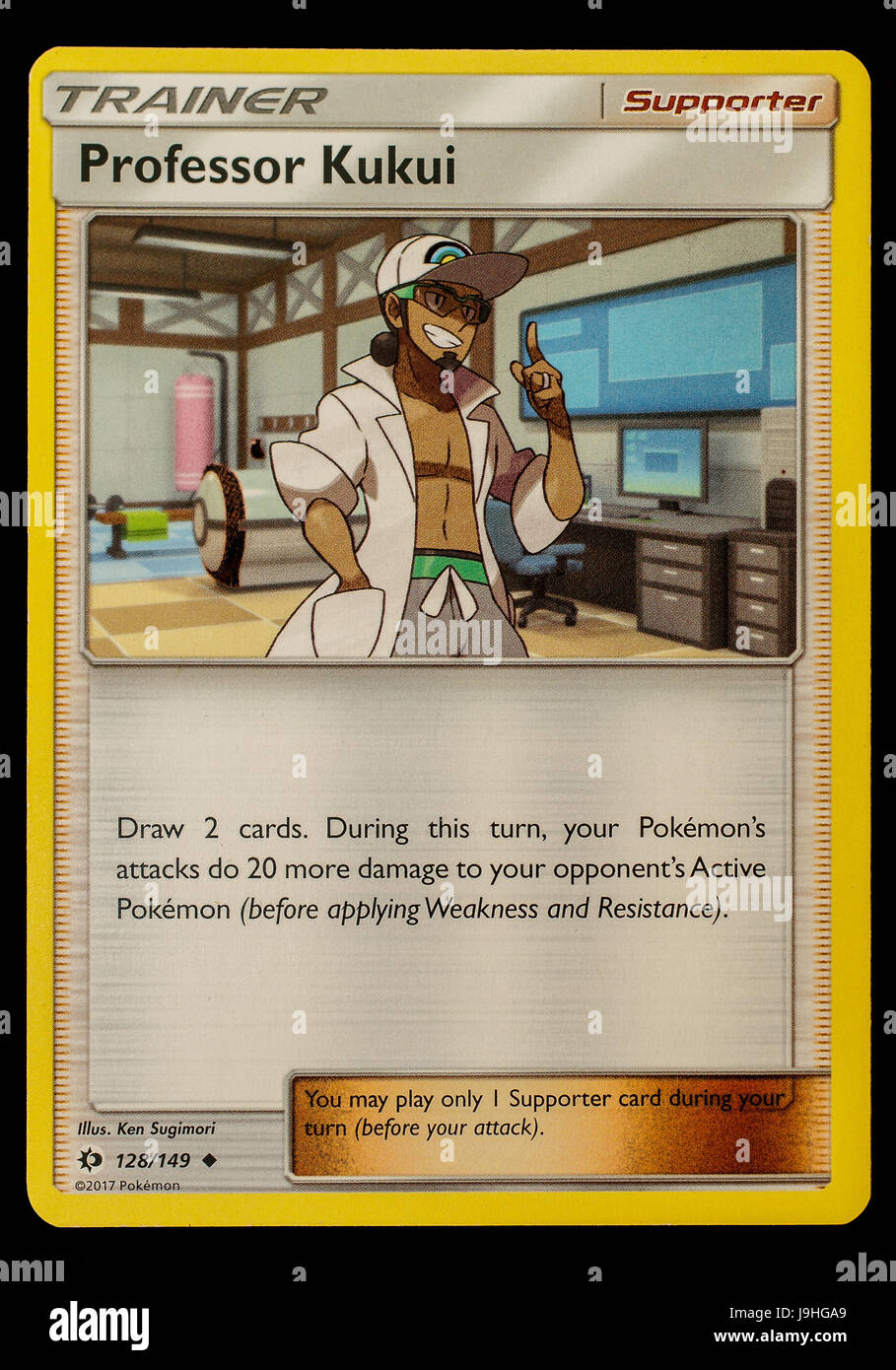New York, May 26, 2017: Professor Kukui Pokemon card against black ...
