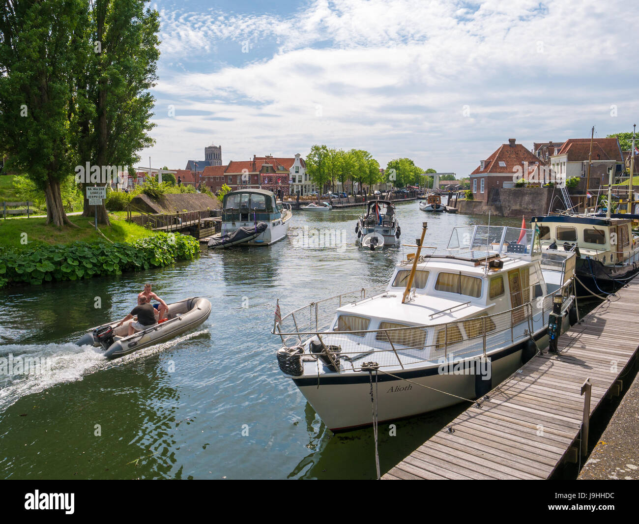 Boats in harbour of old town Brielle, Voorne-Putten, South Holland ...