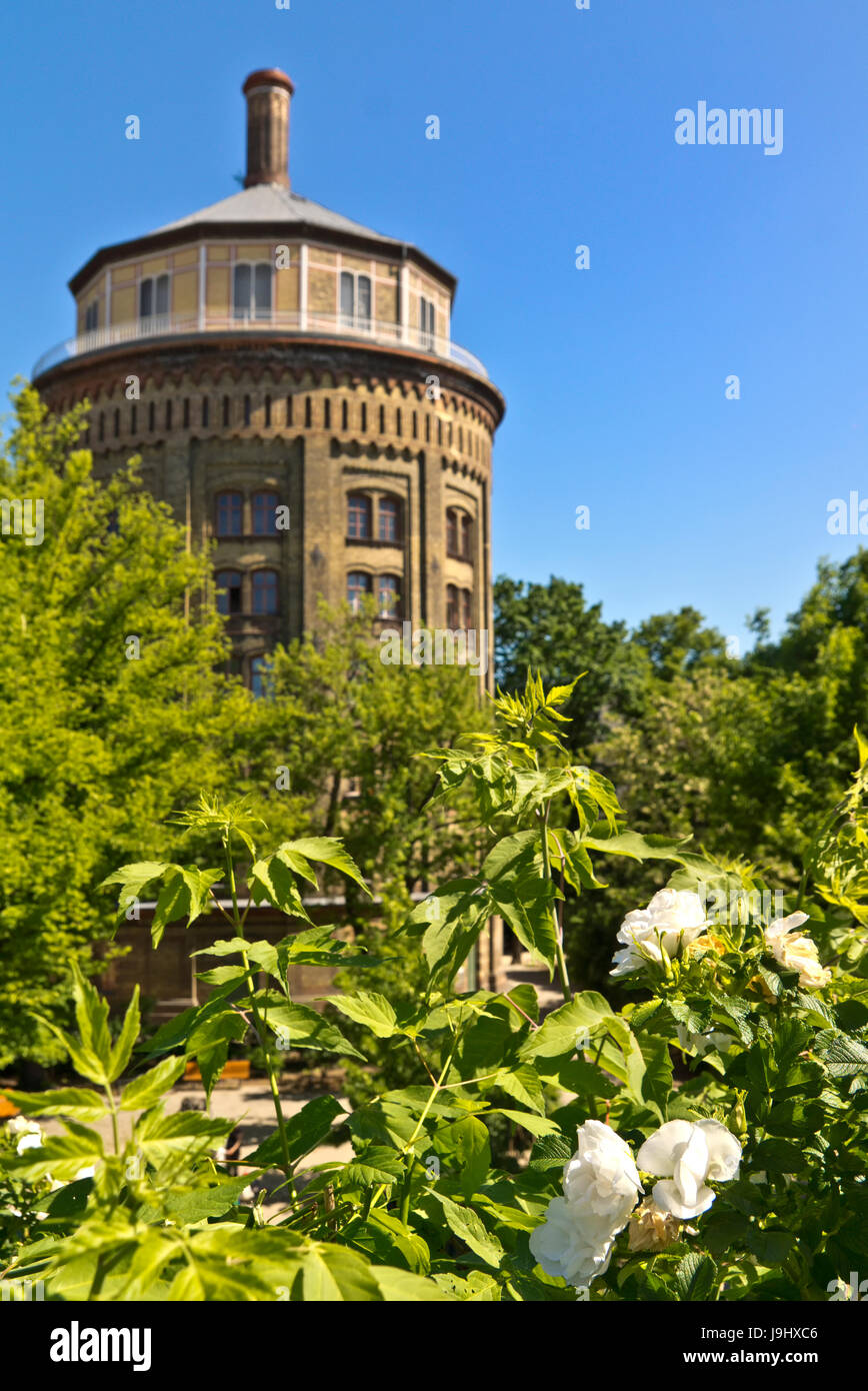tower, berlin, water tower, old, round, blue, tower, park, bloom ...