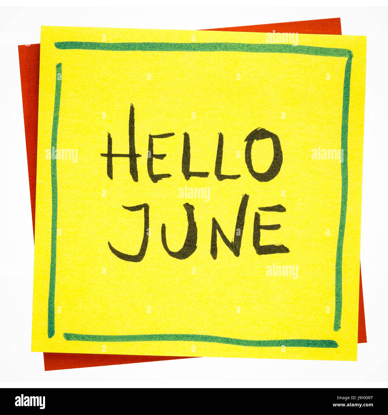 Hello June greetings - handwriting on an isolated sticky note Stock ...