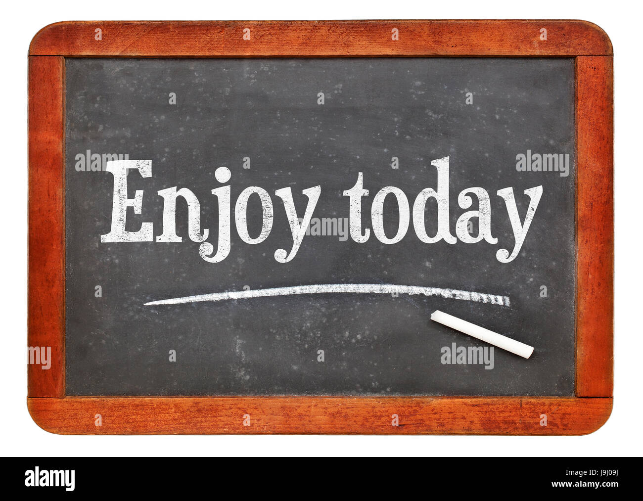 Enjoy today - white chalk text on a vintage slate blackboard Stock ...