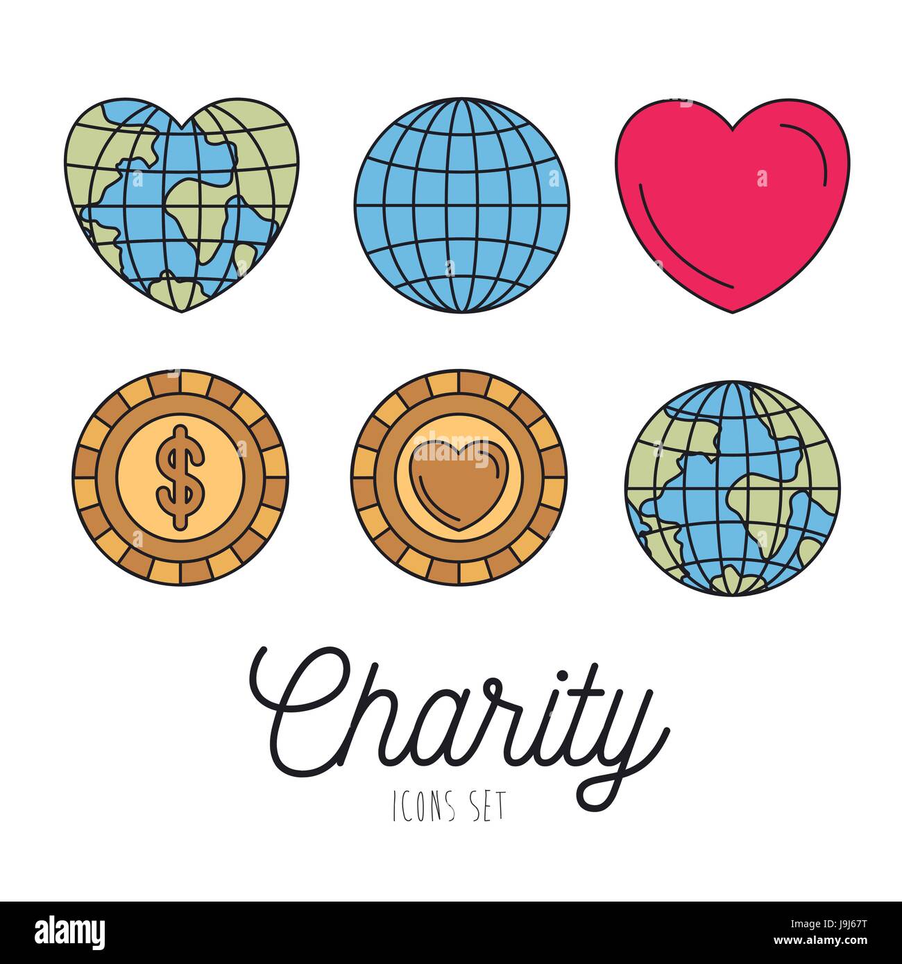 color image set earth world and coins with heart shape charity symbols ...