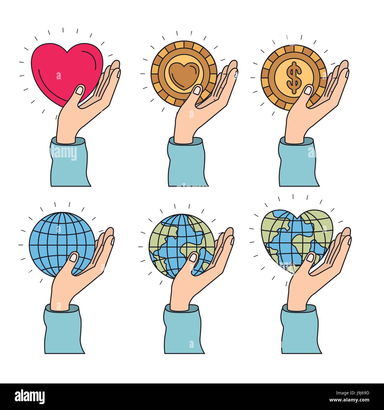 color image set hands holding a earth world and coins with heart shape ...