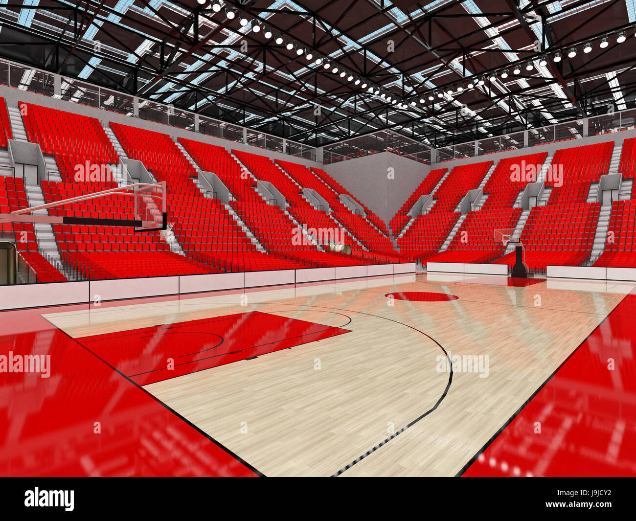 3D render of beautiful sports arena for basketball with floodlights and ...