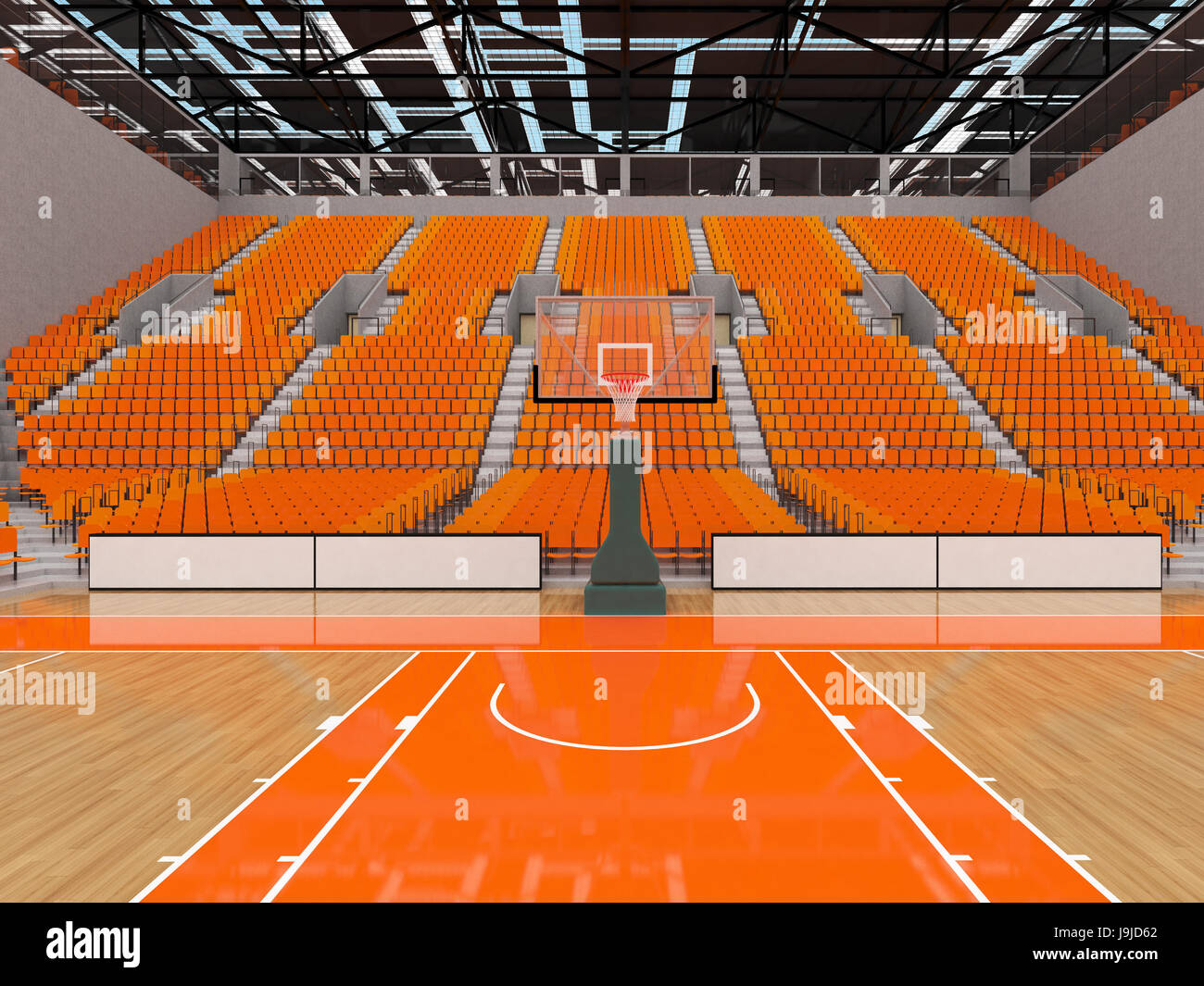 Beautiful sports arena for basketball with orange seats and VIP boxes ...