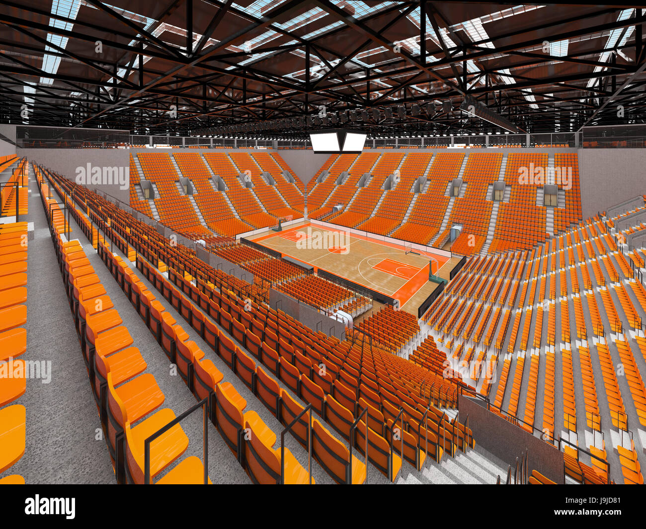 Beautiful sports arena for basketball with orange seats and VIP boxes ...