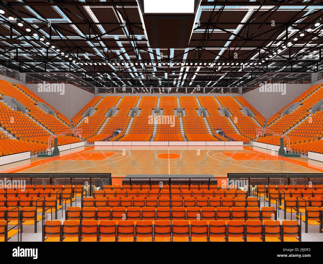 Beautiful sports arena for basketball with orange seats and VIP boxes ...