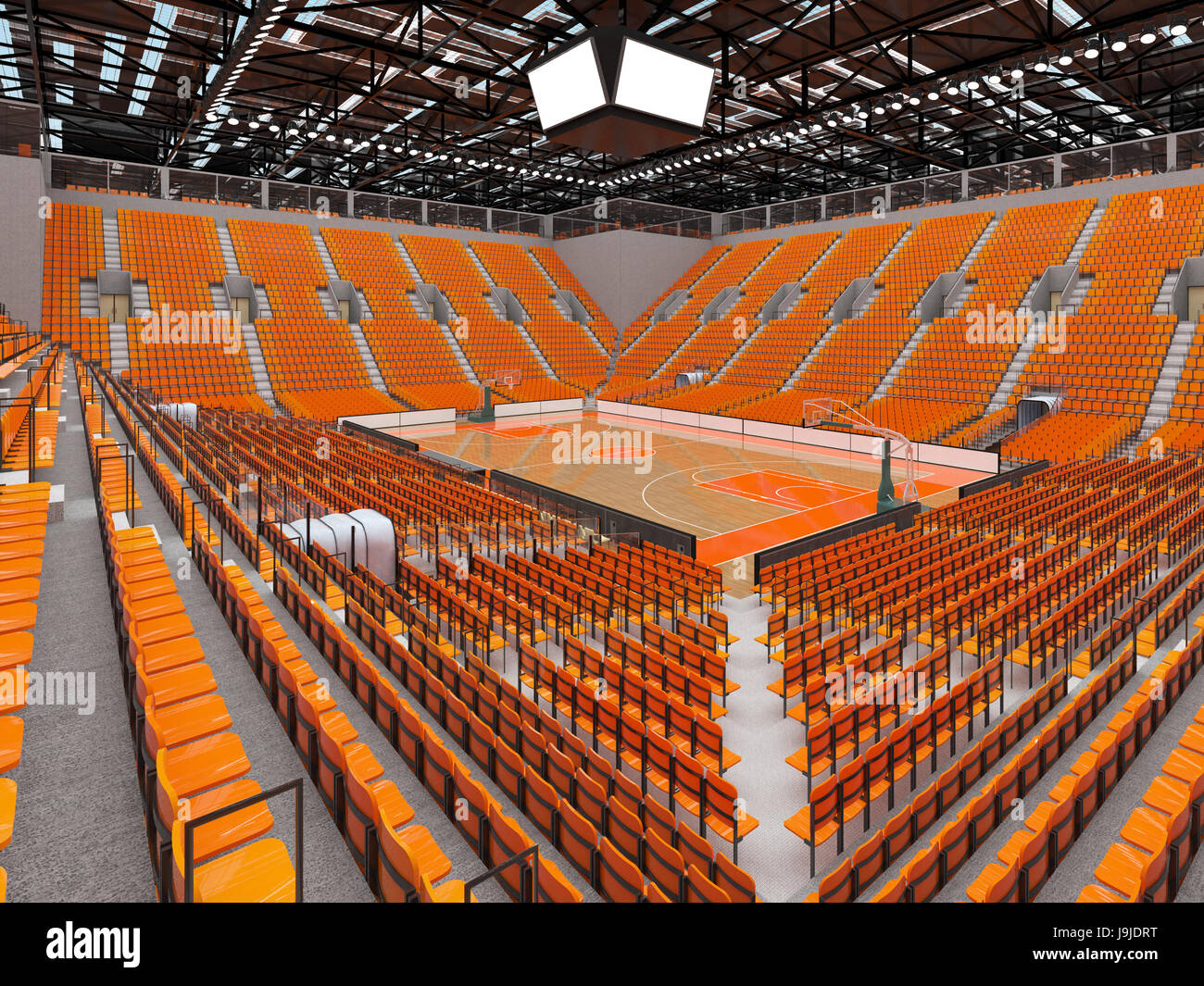 Beautiful sports arena for basketball with orange seats and VIP boxes ...